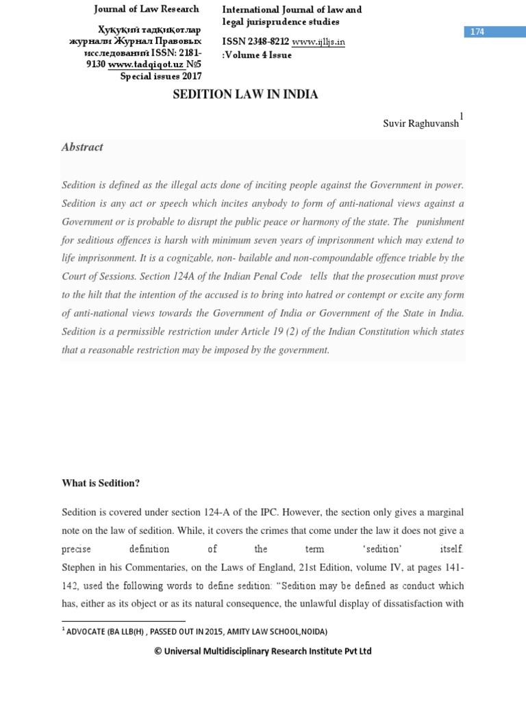 Sedition Law in India | Download Free PDF | Treason | Crime & Violence