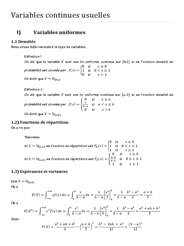 Variables Continues Usuelles | PDF | Loi normale | Variable aléatoire à densité