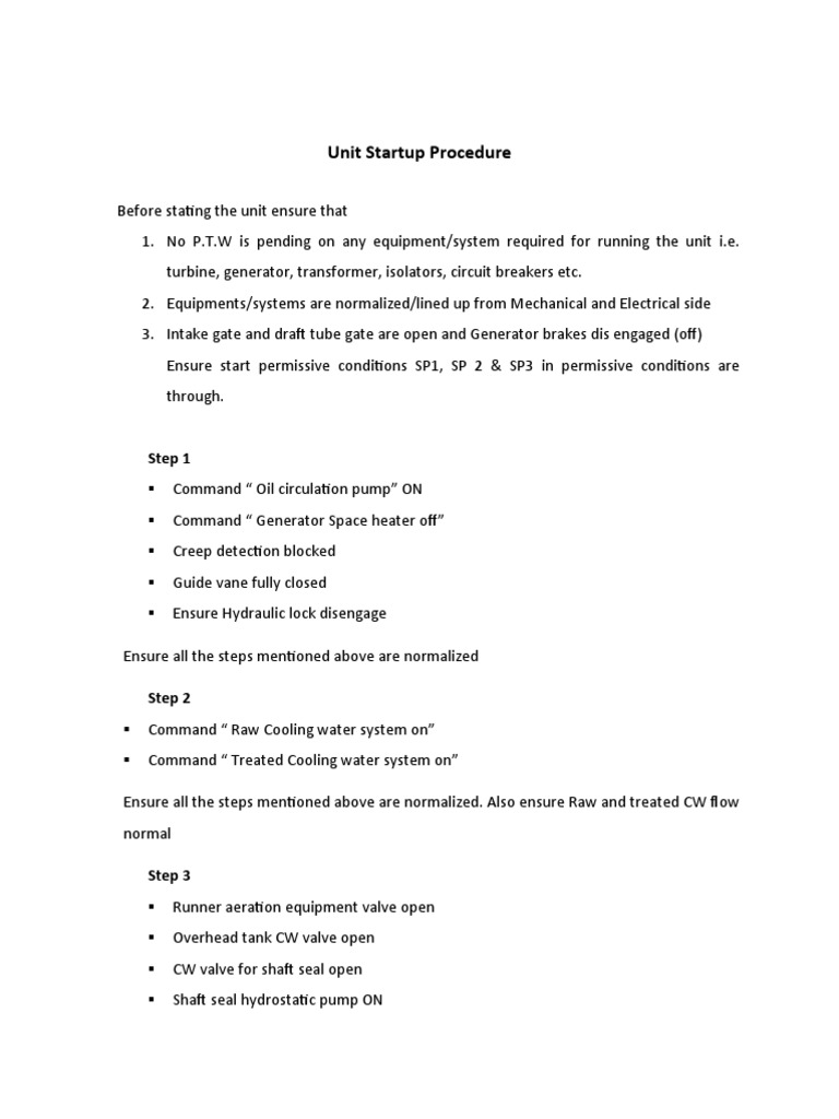 Unit Startup Procedure | PDF