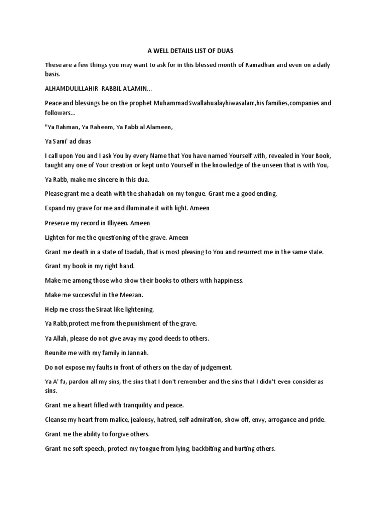 A Well Details List of Duas | PDF | Religious Behaviour And Experience ...