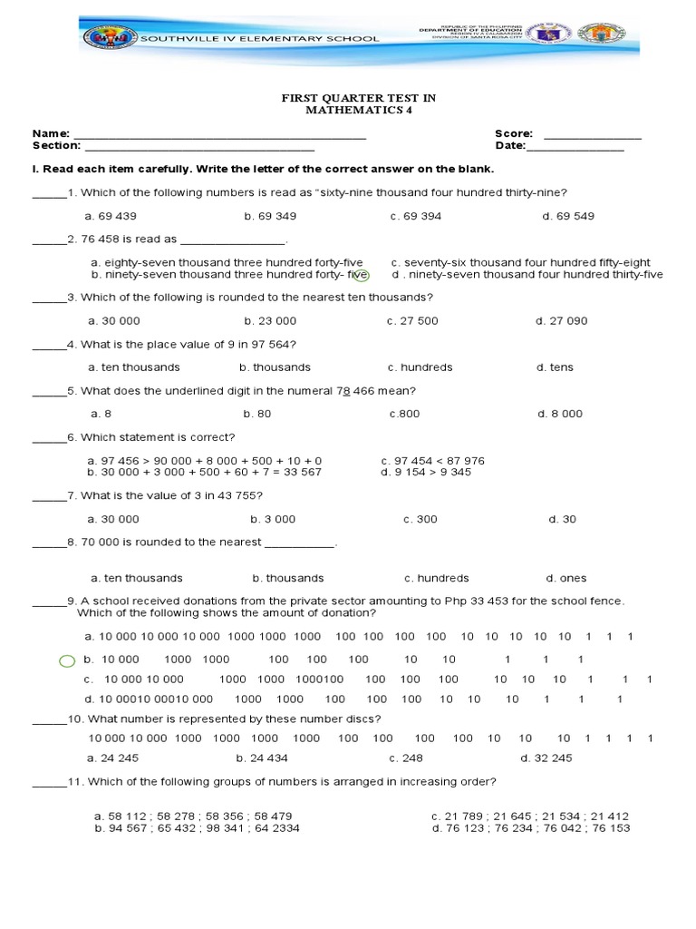 First Quarter Test in Math 4 With Tos | PDF | Teaching Mathematics ...