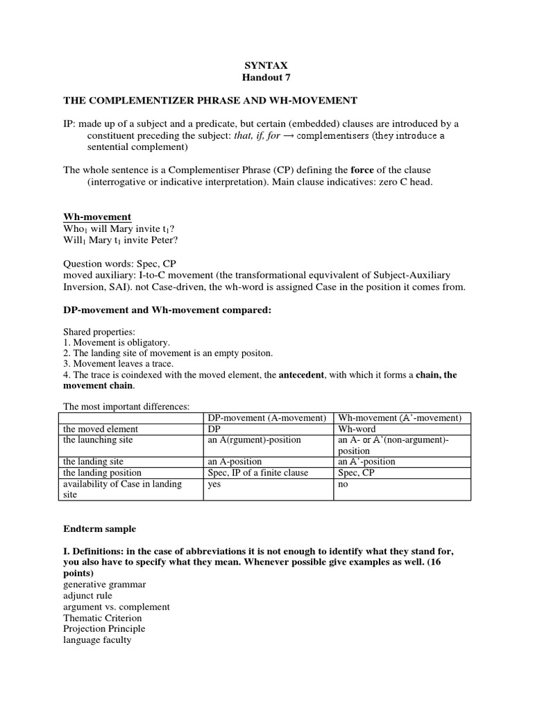 Syntax Handout 7 The Complementizer Phrase And Wh Movement Download