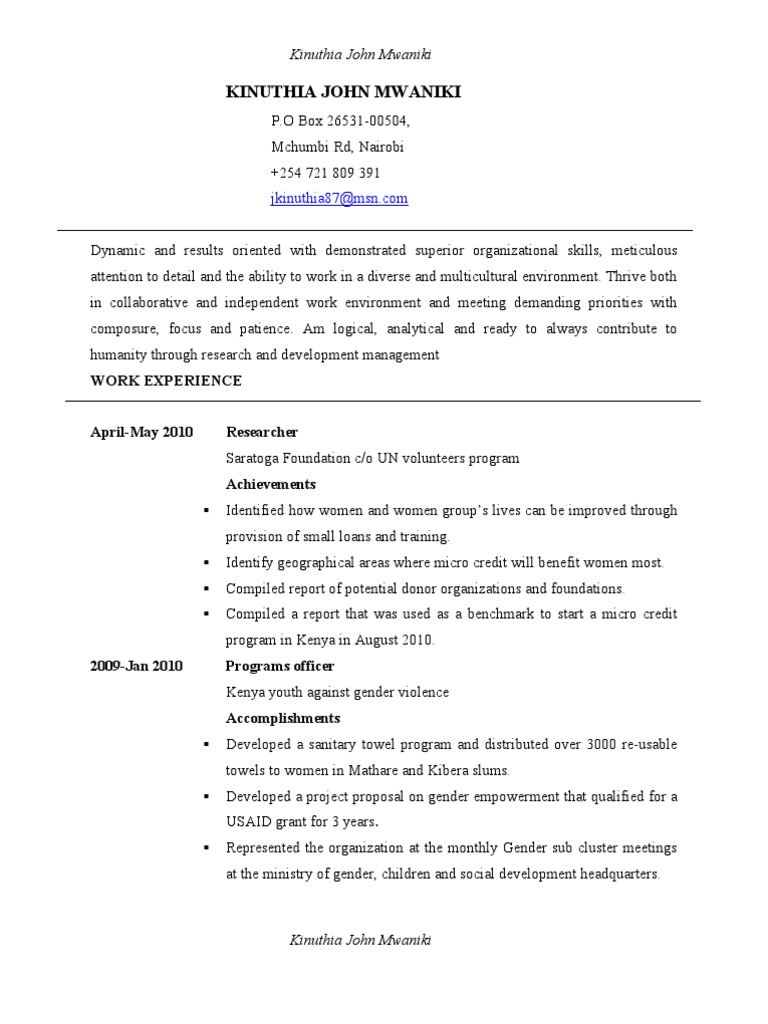 Kinuthia John Resume | PDF | Master Of Business Administration | Gender