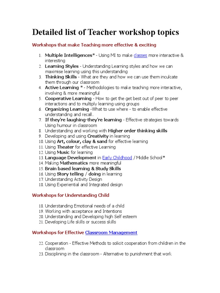 Detailed List of Teacher Workshop Topics | PDF | Classroom Management | Classroom