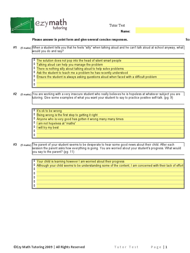 Tutor Test: Name: Please Answer in Point Form and Give Several Concise ...