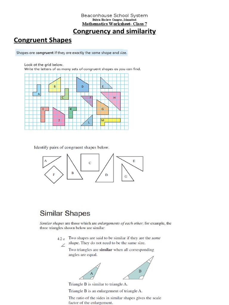 Grade 7 Congruency and Similarity Worksheet | PDF