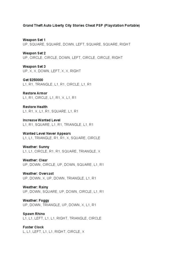 GTA Liberty City Stories PSP Cheats | PDF | Vehicles | Transport