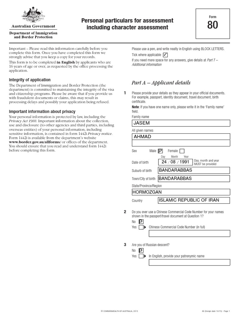 Form 80 Ahmad Jasem | PDF | Identity Document | Travel Visa