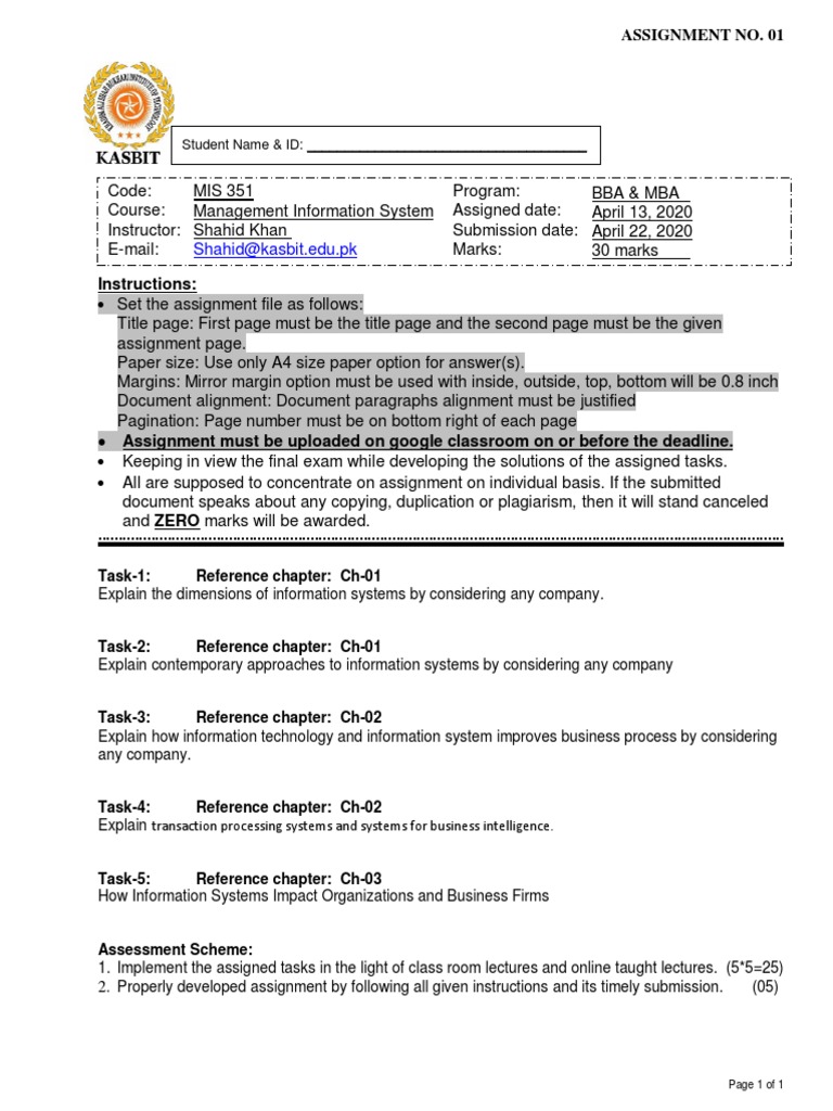 Shahid@kasbit - Edu.pk: Assignment No. 01 | PDF