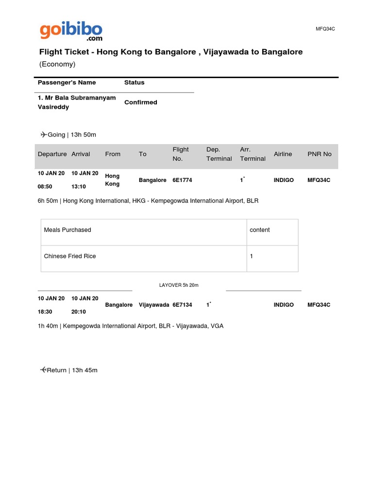 Flight Ticket - Hong Kong To Bangalore, Vijayawada To Bangalore | PDF