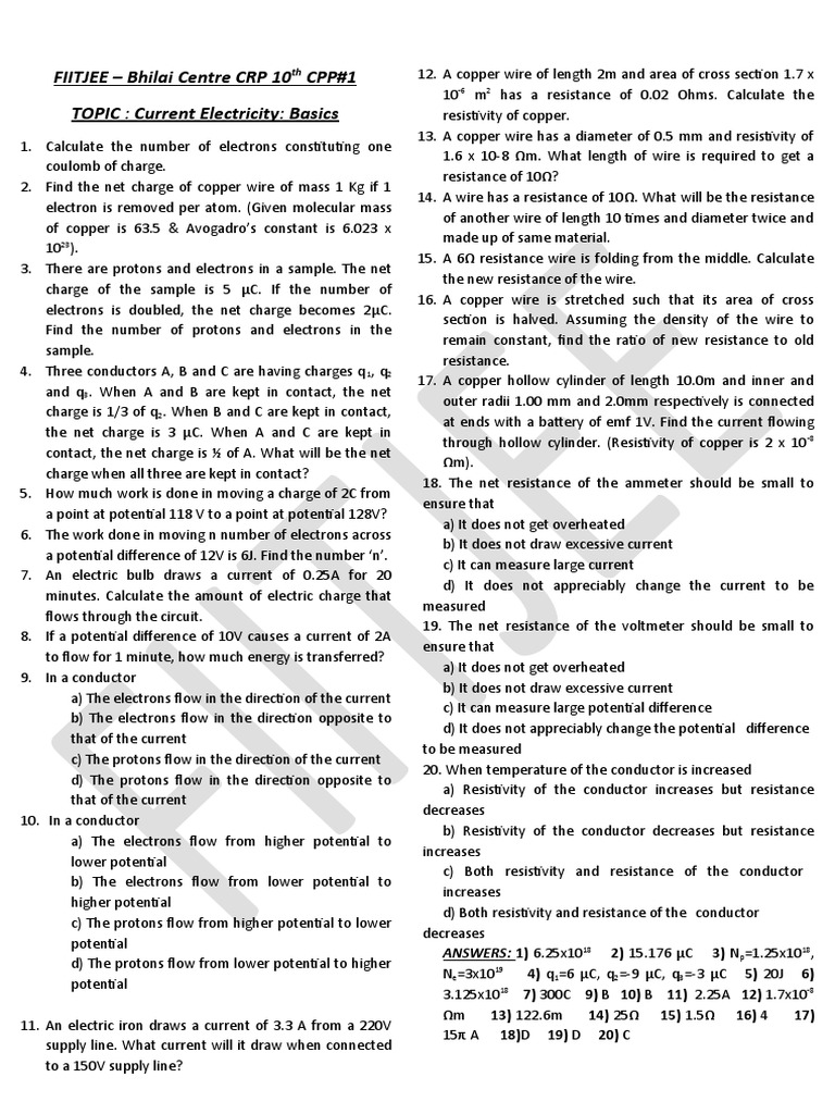 CPP Current Electricity 1 Basics | PDF | Electrical Resistivity And ...