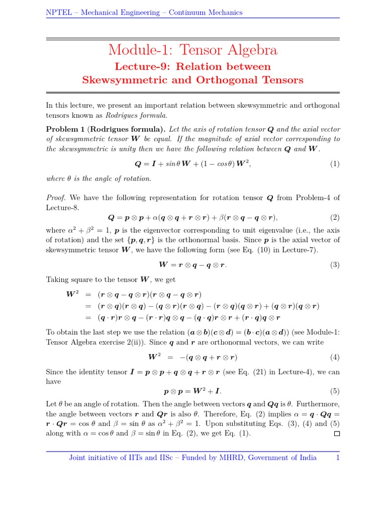 Module-1: Tensor Algebra: Lecture-9: Relation Between Skewsymmetric and Orthogonal Tensors | PDF ...