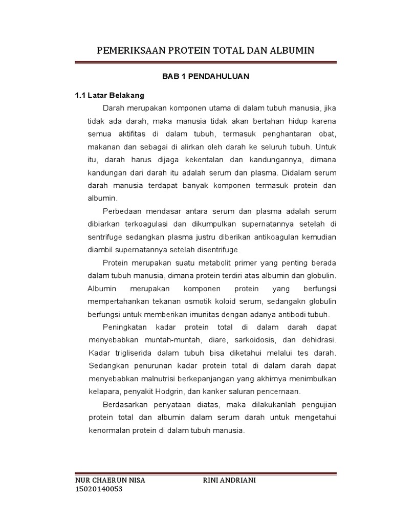 Makalah PEMERIKSAAN PROTEIN TOTAL DAN ALBUMIN | PDF