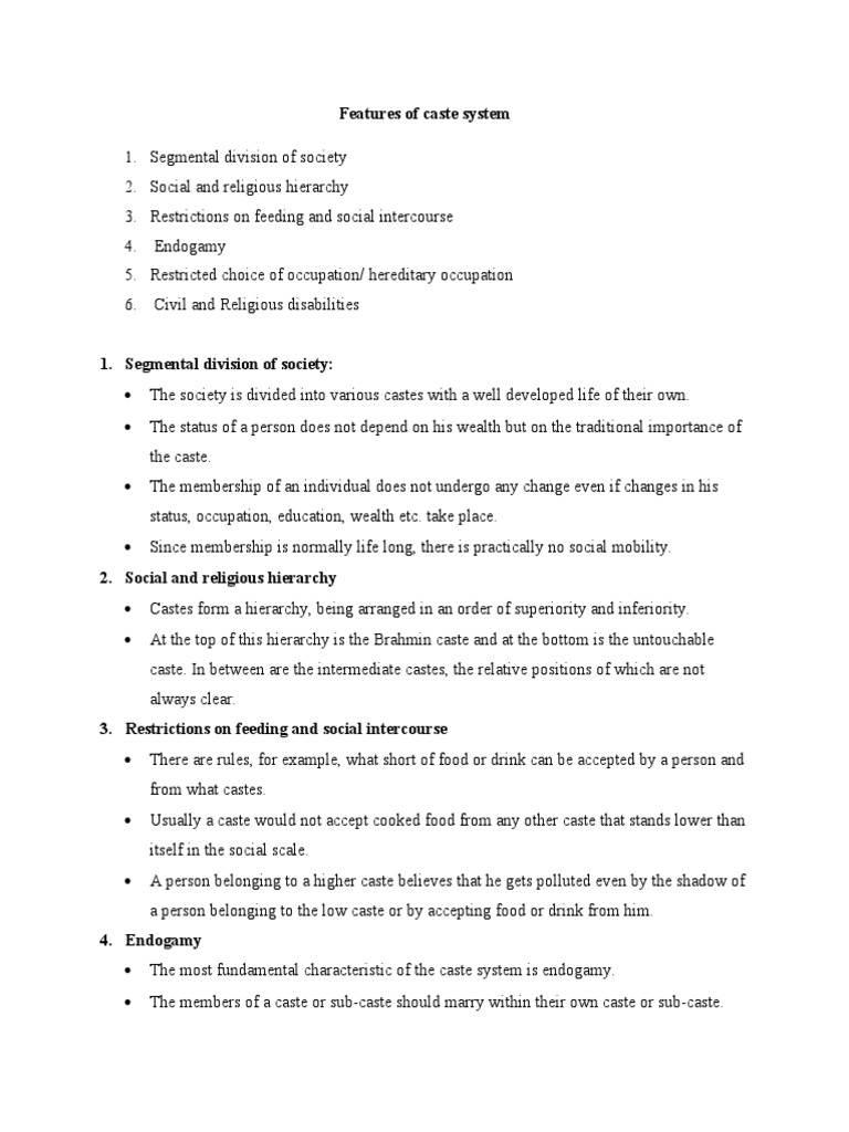 Features of Caste System | PDF | Caste | Social Inequality