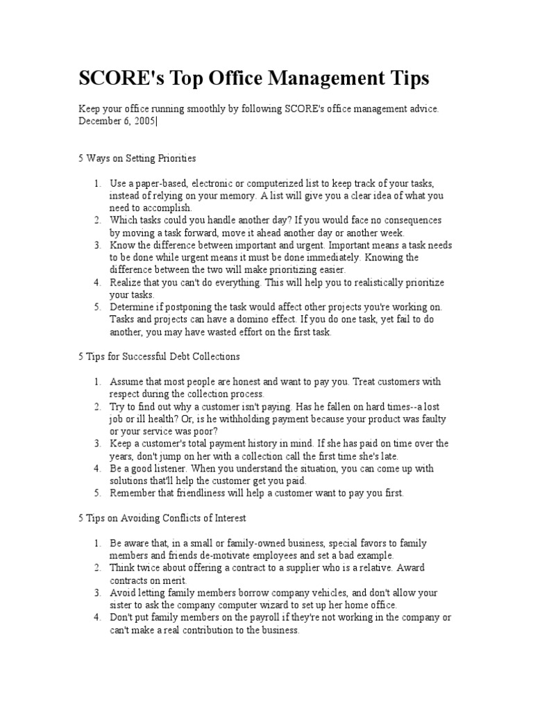 SCORE's Top Office Management Tips | PDF | Natural Disasters | Insurance