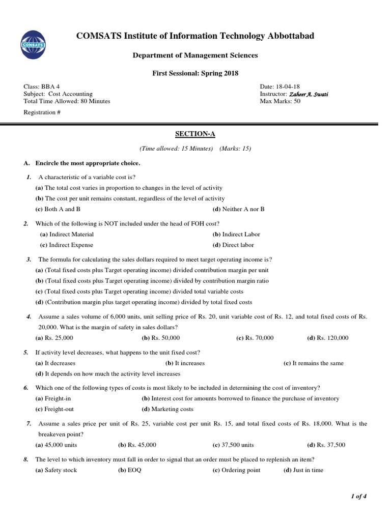 Cost Accounting Sessional 1 Sample 1 Paper | PDF | Inventory | Production And Manufacturing