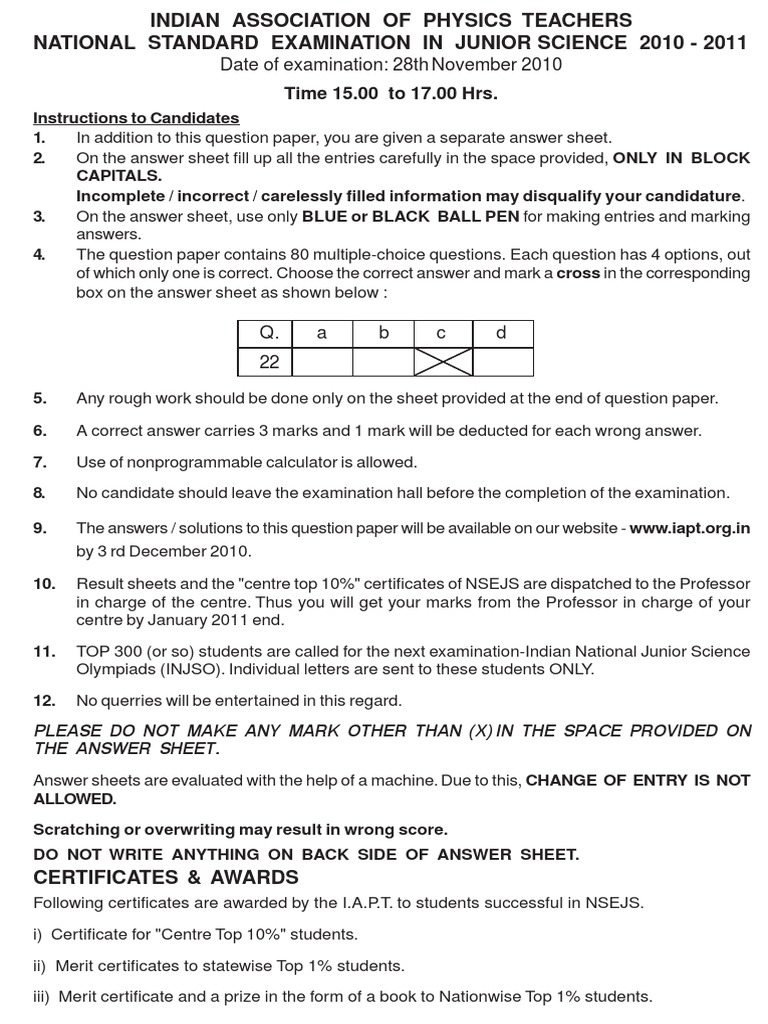 NSEJS 2010 Question Paper | Download Free PDF | Multiple Choice | Test ...