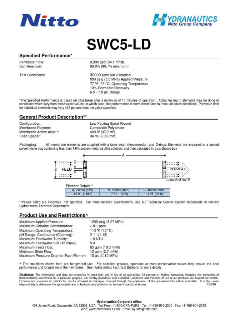 Hydranautics SWC5-LD (PW) | PDF | Sodium Chloride | Chemistry