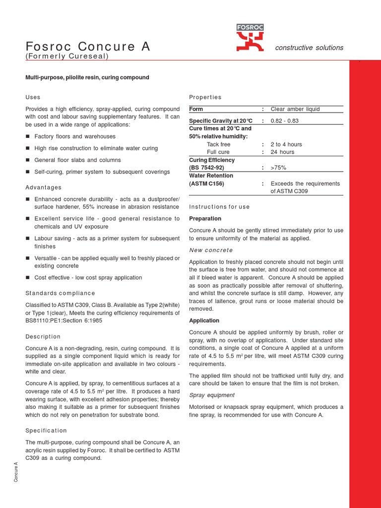 Fosroc Concure A: (Formerly Cureseal) | PDF | Concrete | Paint