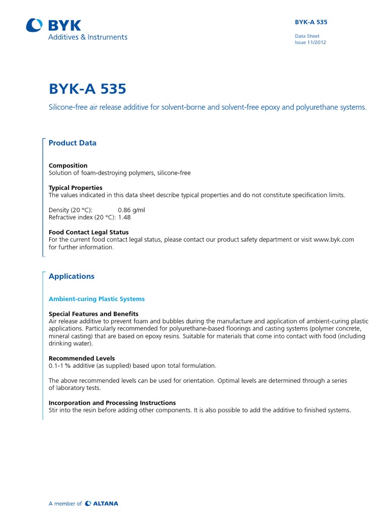 BYK-A 535: Silicone-Free Air Release Additive For Solvent-Borne and Solvent-Free Epoxy and ...