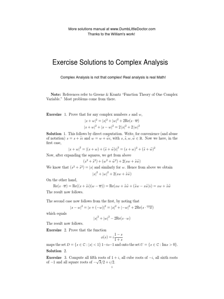 Exercise Solutions To Complex Analysis: Thanks To The William's Work! | PDF | Holomorphic ...