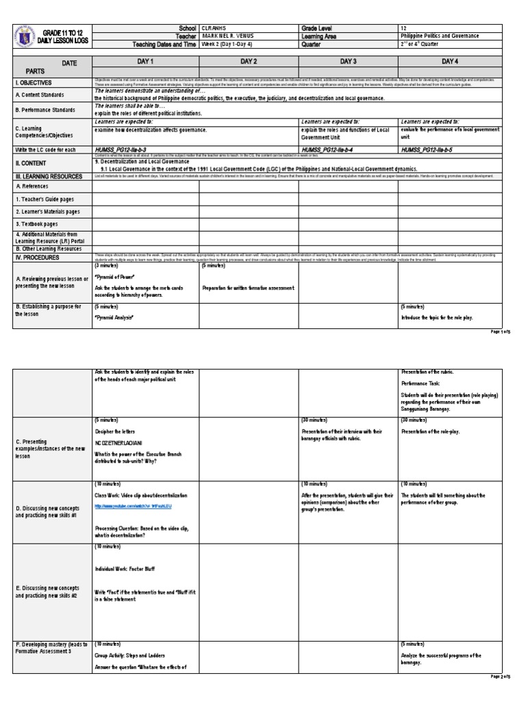 School Grade Level Teacher Learning Area Teaching Dates and Time ...