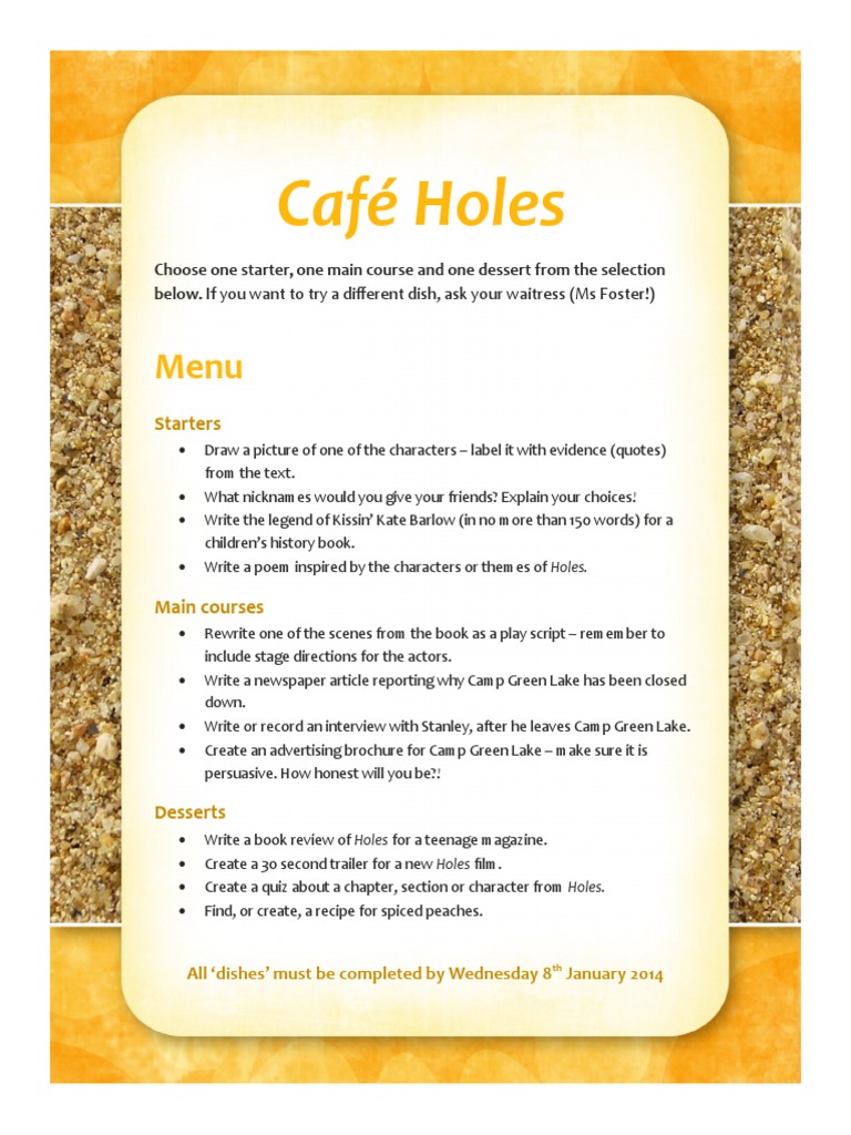 Café Holes: Menu Inspired by Characters | PDF | Language Arts ...