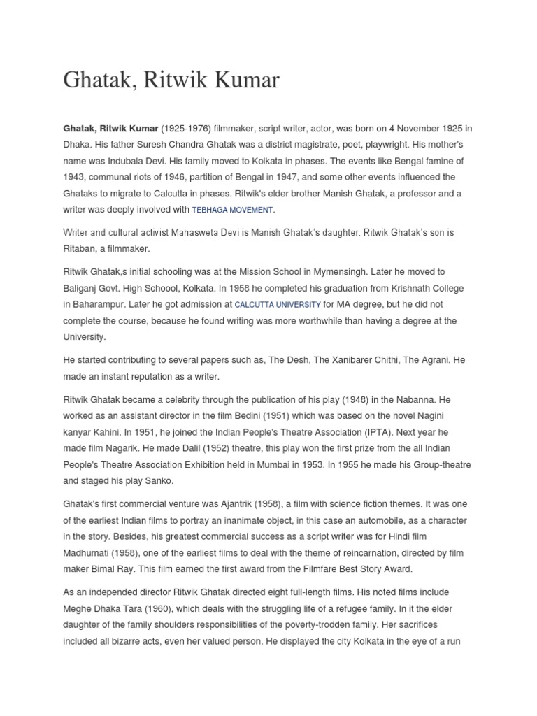 Ghatak, Ritwik Kumar | PDF | Bengal