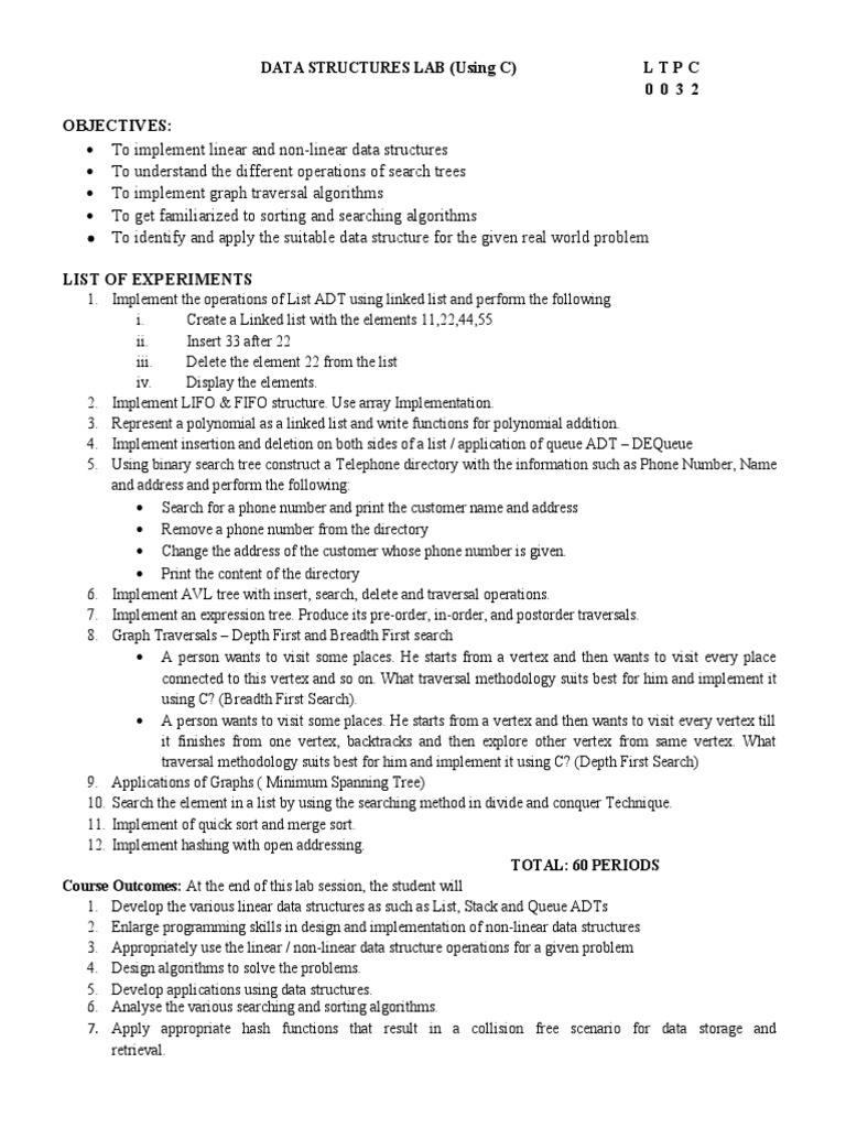 Using C Ltpc Data Structures Lab 0 0 3 2 Pdf Data Management Algorithms And Data Structures