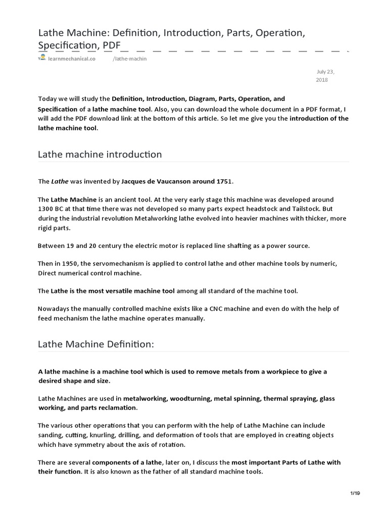 Lathe Machine Definition Introduction Parts Operation Specification PDF ...