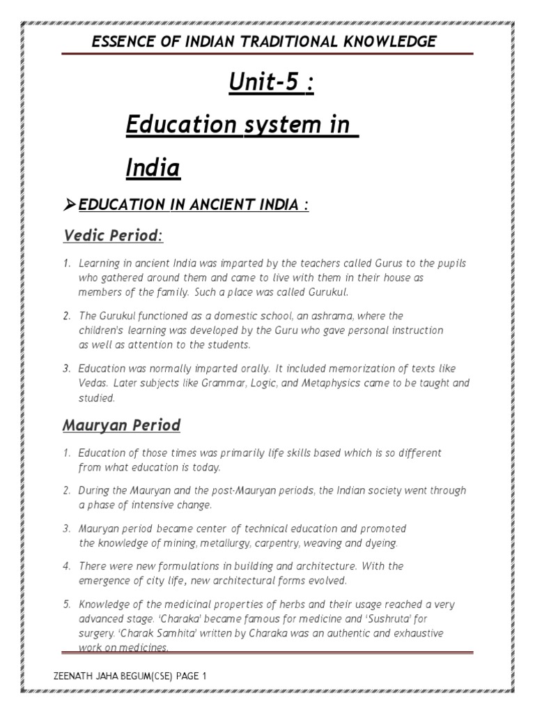 Unit-5: Education System in India: Essence of Indian Traditional ...