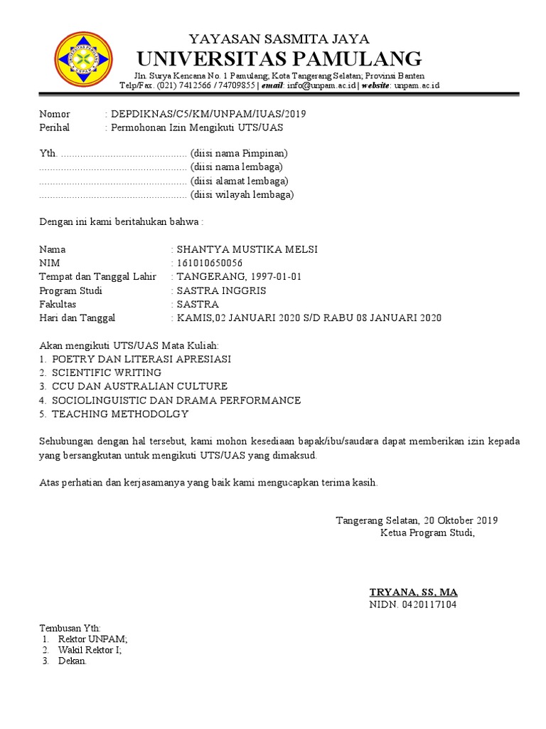 Permohonan Izin UTS/UAS SASTRA UNPAM | PDF | Perjalanan