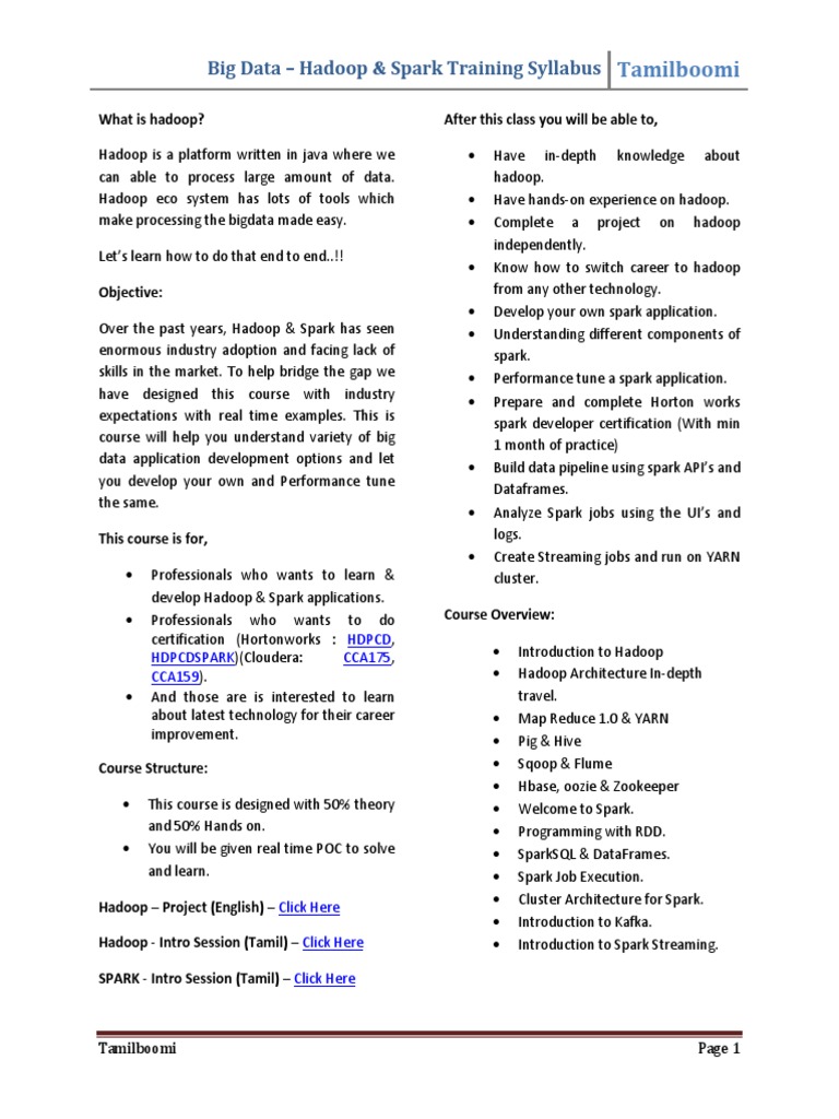 Big Data - Hadoop & Spark Training Syllabus: Tamilboomi | PDF | Apache ...