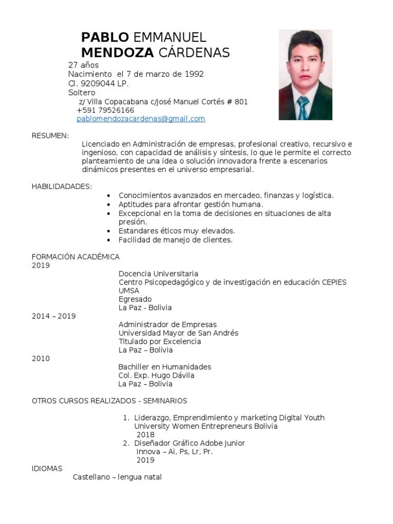 CV MENDOZA | PDF | Iniciativa empresarial | Business