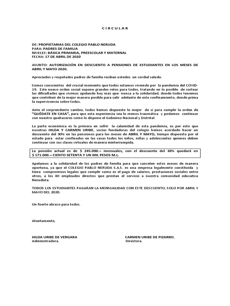 CIRCULAR COLEGIO PABLO NERUDA 30% Descuento 2020 | PDF