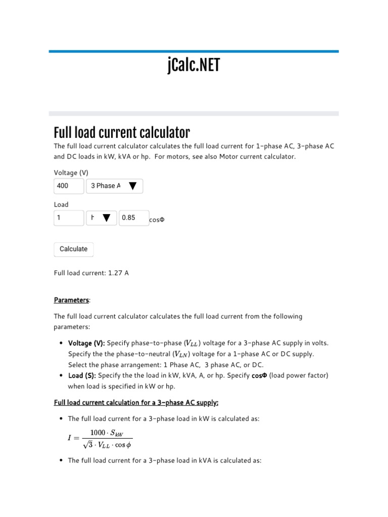 Motor Full Load Current Calculator | PDF