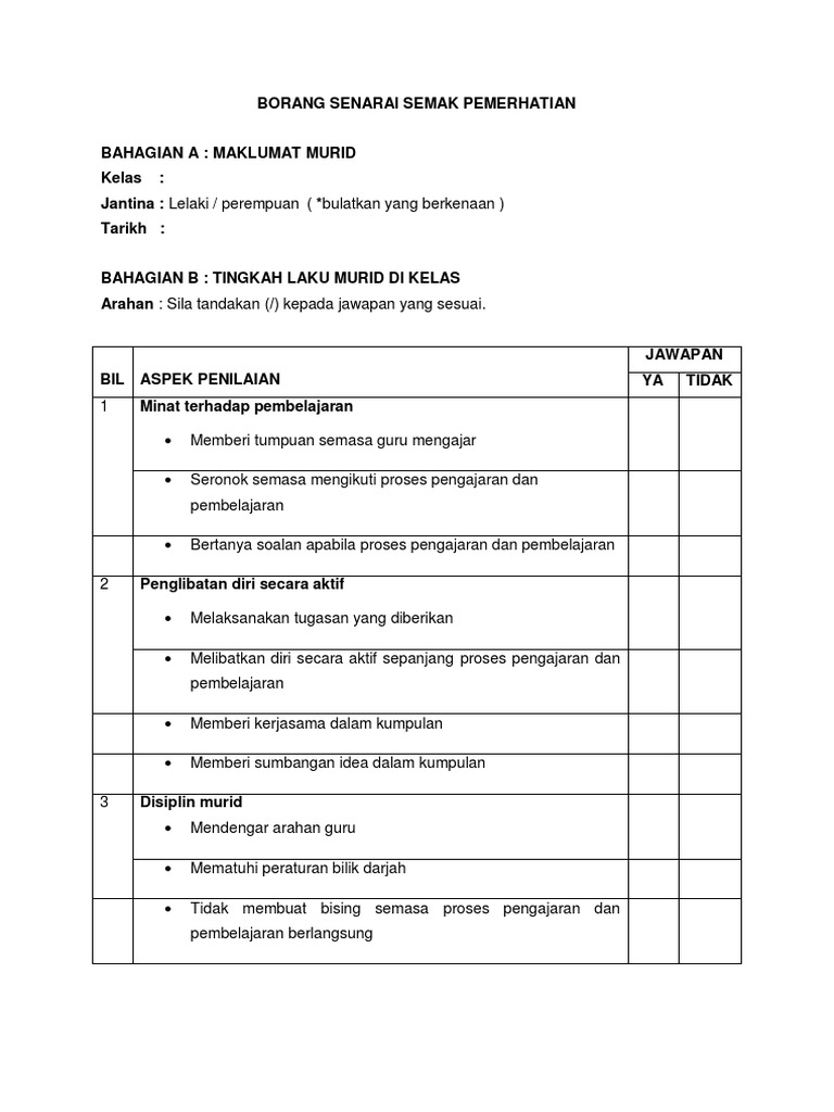 Borang Senarai Semak Pemerhatian | PDF
