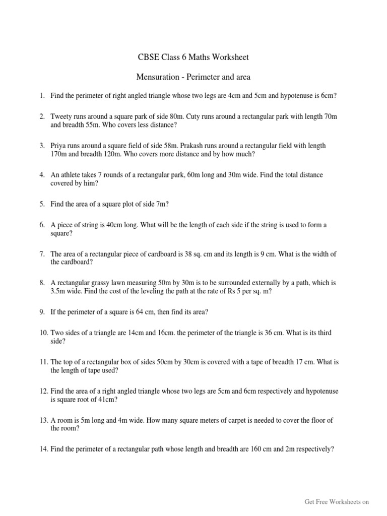 Perimeter and Area CBSE Class 6 Worksheet | PDF | Area | Euclidean ...
