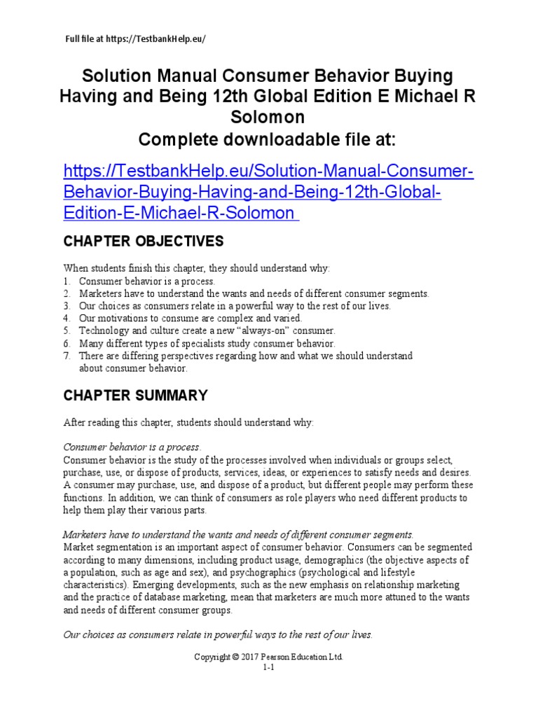Solution Manual Consumer Behavior Buying Having and Being 12th Global Edition E Michael R ...