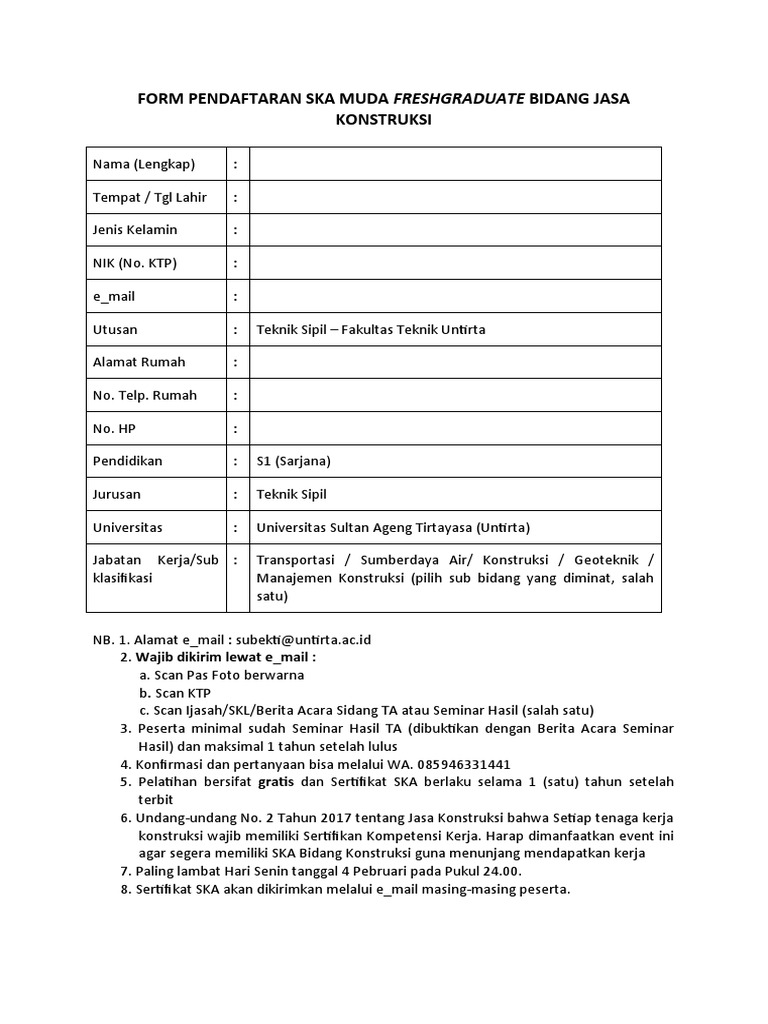 Form Pendaftaran SKA Muda Bid. Jasa Konstruksi | PDF