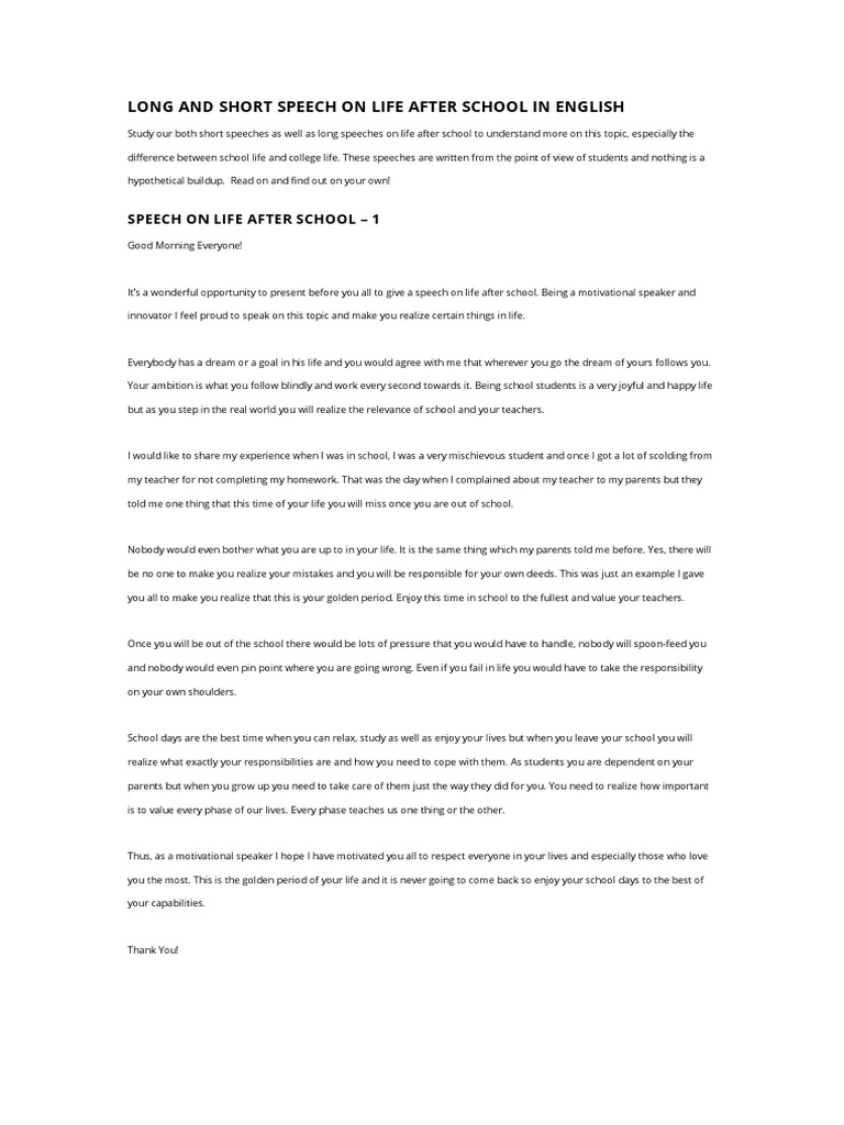 Long and Short Speech On Life After School in Engl | PDF | Choice ...