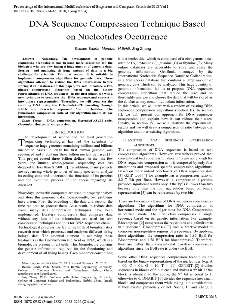 DNA Sequence Compression Technique Based On Nucleotides Occurrence | PDF | Data Compression ...