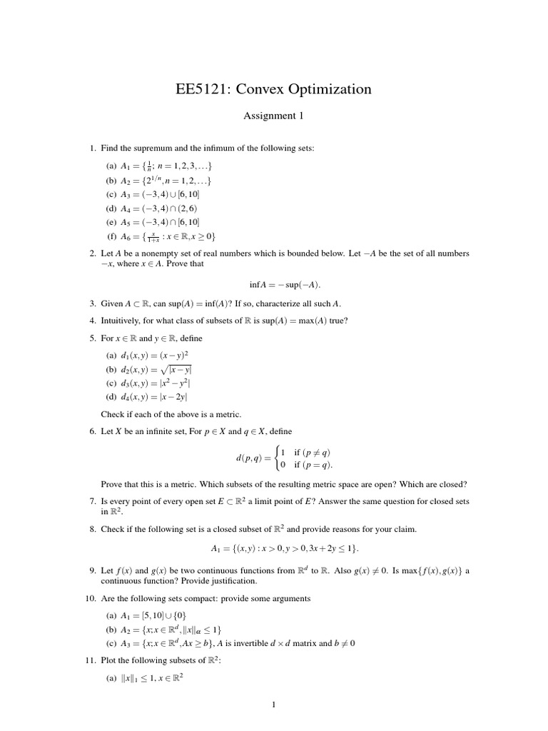 EE5121: Convex Optimization: Assignment 1 | PDF | Functional Analysis | Teaching Mathematics