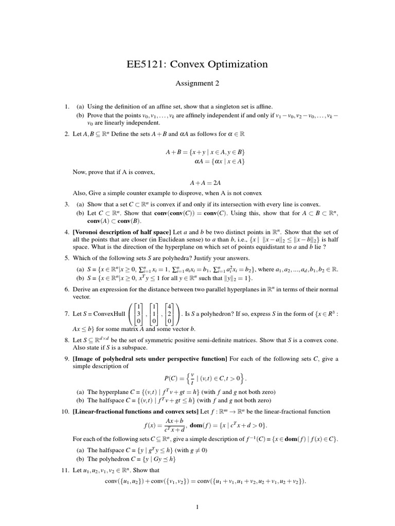 EE5121: Convex Optimization: Assignment 2 | PDF | Convex Set | Mathematical Objects