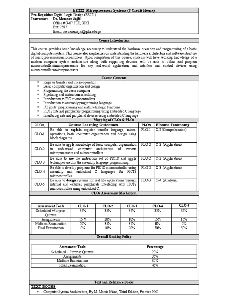 EE222 Course Outline Micro Spring 2020 | PDF | Microcontroller | Office Equipment