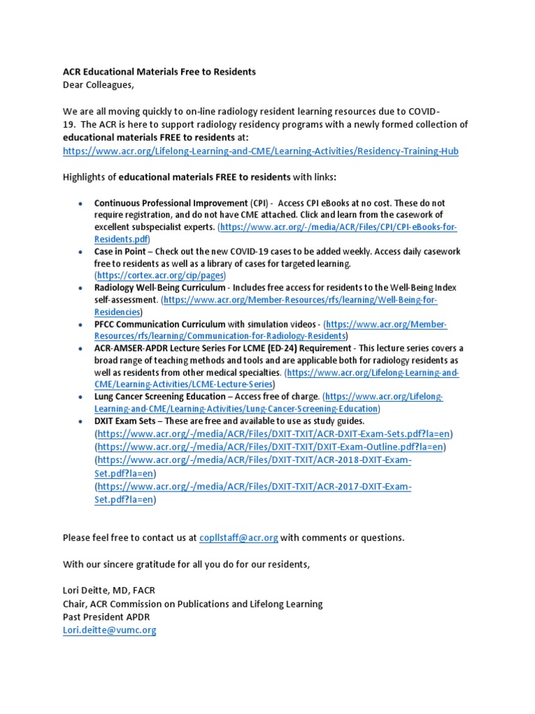 ACR Educational Materials Free To Residents | PDF | Radiology ...