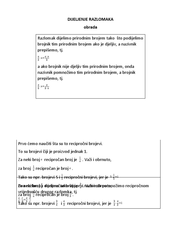 Dijeljenje Razlomka Prirodnim Projem | PDF