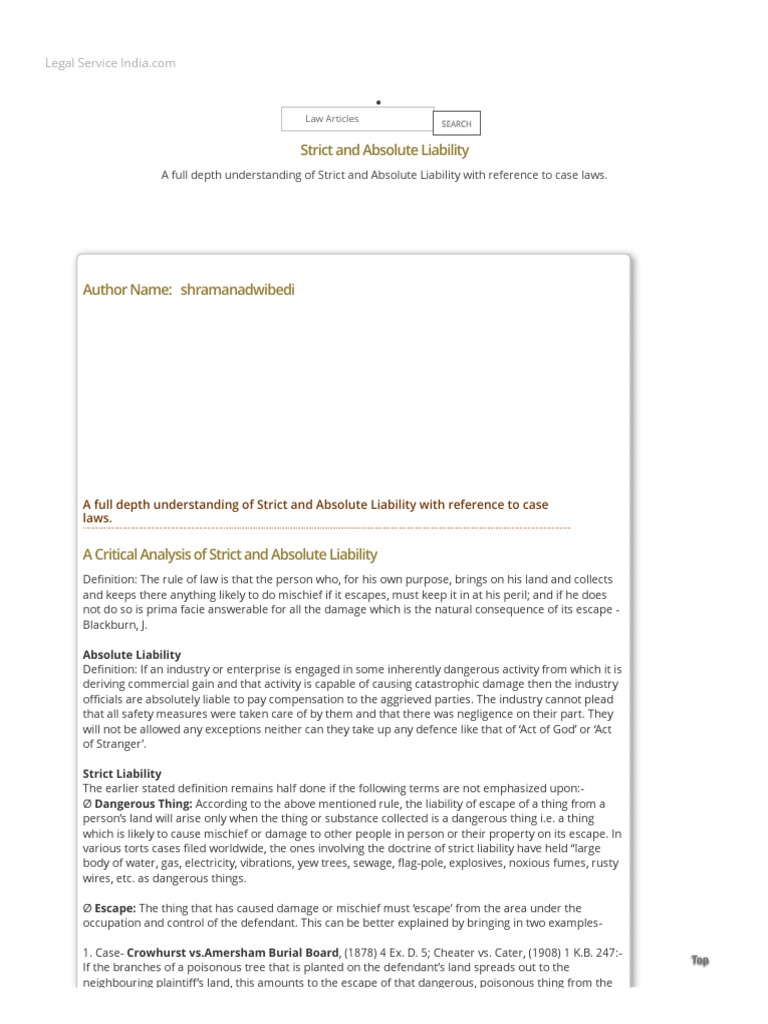 A Critical Analysis of Strict and Absolute Liability: Defining the ...