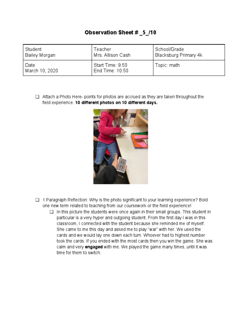 Math Observation Sheet for Bailey Morgan | PDF