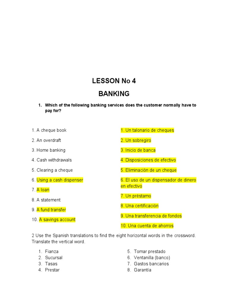 Lesson No 4 Banking: 1. Which of The Following Banking Services Does ...